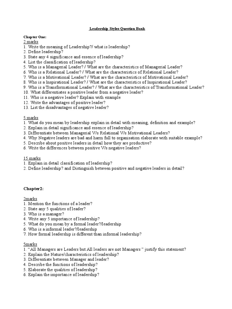 Leadership Styles Question Bank | PDF | Leadership | Social Psychology