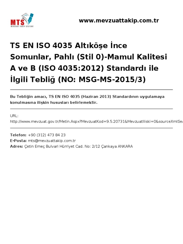TS EN ISO 4035 Altıköşe İnce Somunlar, Pahlı (Stil 0) - Mamul Kalitesi ...