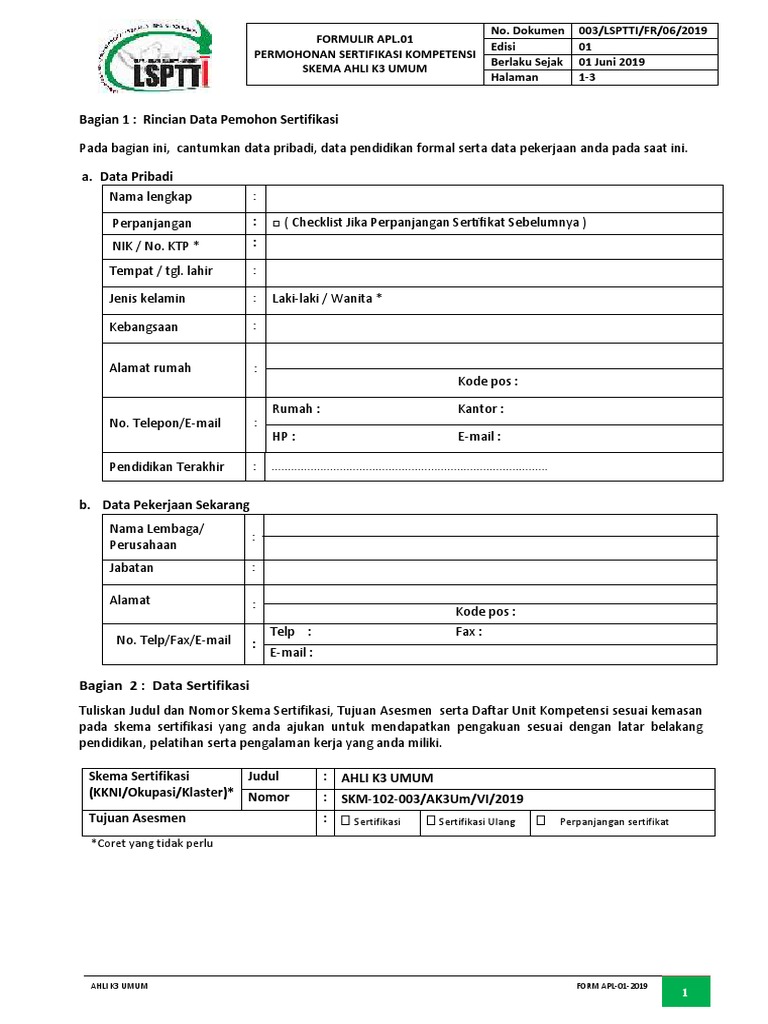 Form Isian Ahli K3 Umum 2020 | PDF