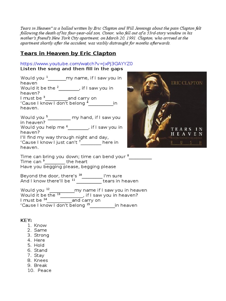 Tears in Heaven by Eric Clapton Activities With Music Songs Nursery ...