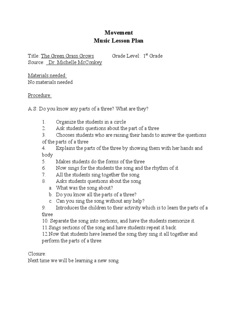 Movement Music Lesson Plan | PDF | Teaching | Learning