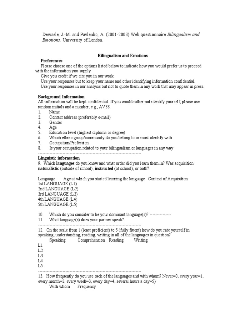 Web Questionnaire Bilingualism and Emoti | PDF | Multilingualism | Second Language
