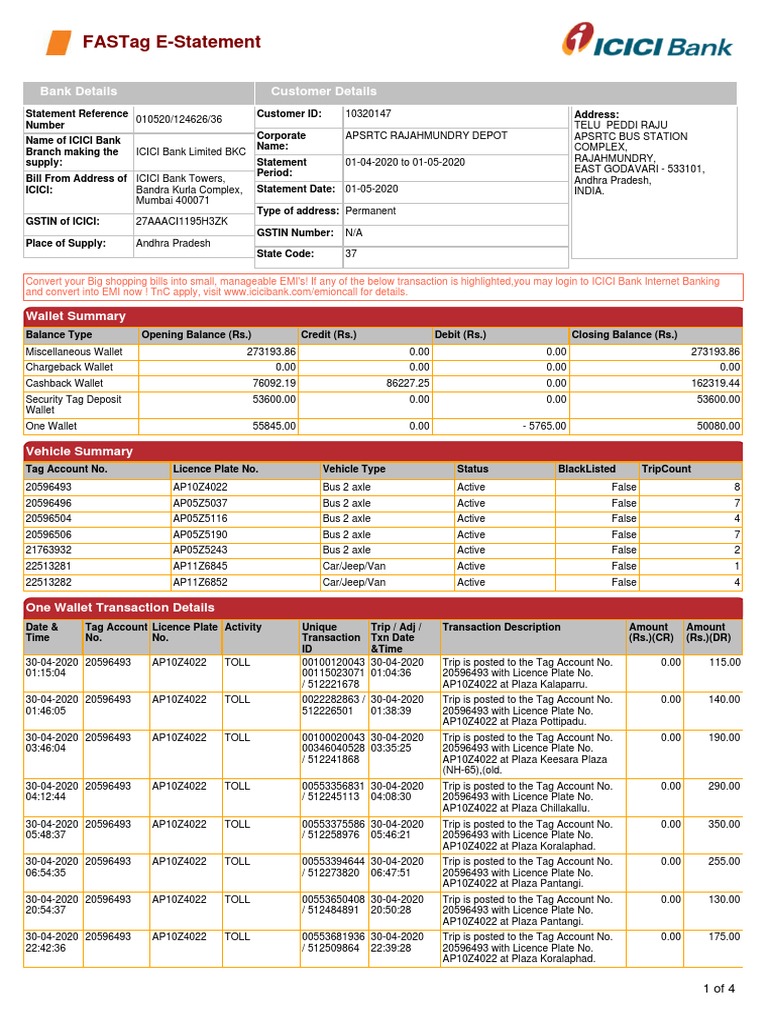 FASTag - Statement1032014763720200501124625793 - OW PDF | PDF ...