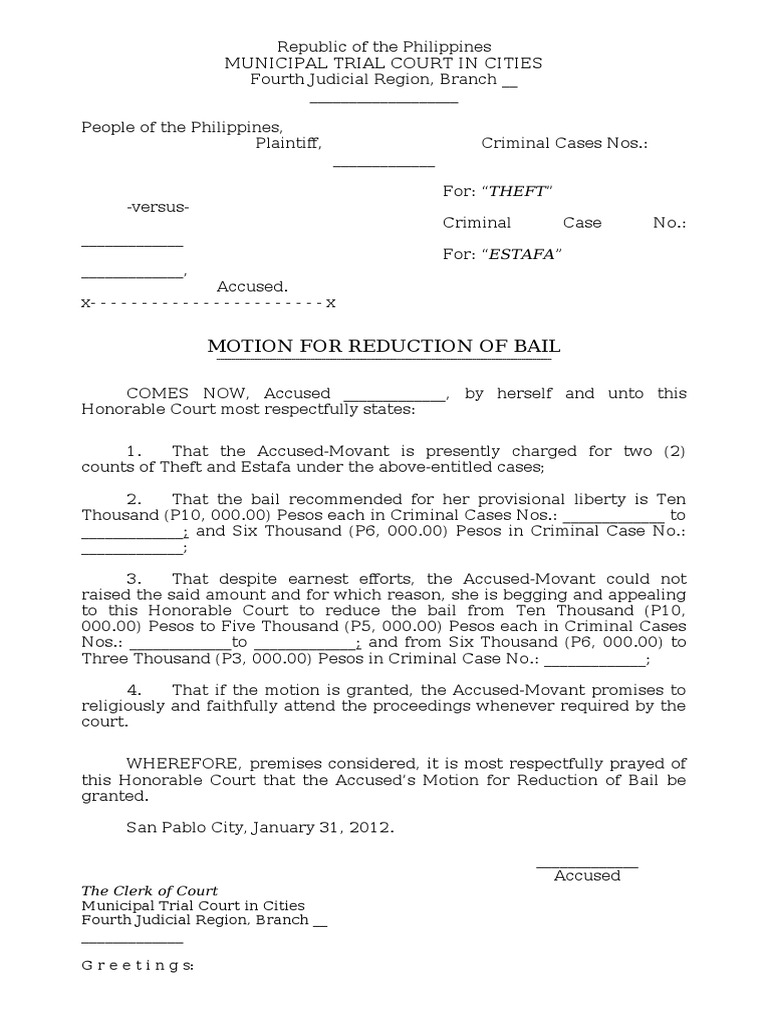 Motion For Reduction of Bail | PDF | Bail | Criminal Justice