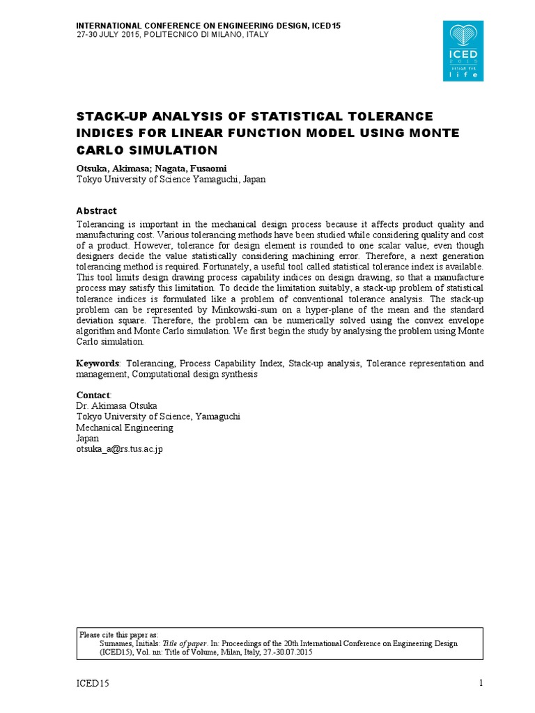 Stack-Up Analysis of Statistical Tolerance Indices For Linear Function Model Using Monte Carlo ...