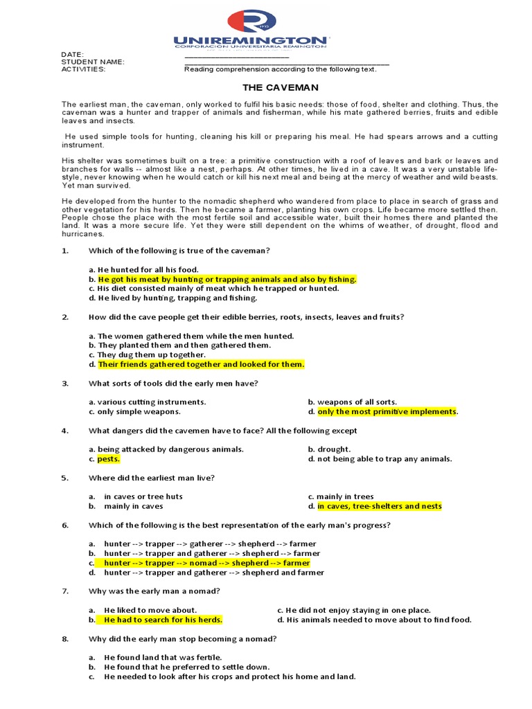 The Caveman Reading Activity | PDF | Hunting | Trapping