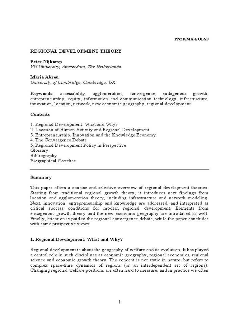 Regional Development Theory Peter Nijkamp: VU University, Amsterdam ...