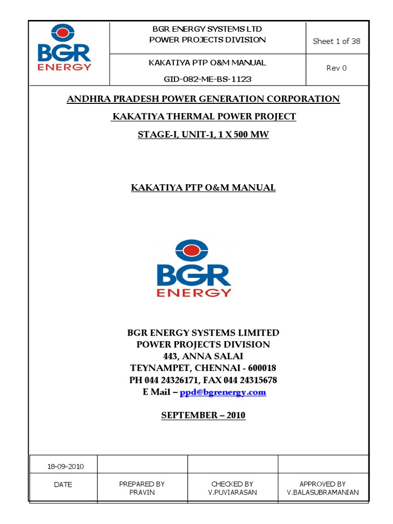 BGR Energy Systems LTD Power Projects Division Kakatiya PTP O&M Manual ...