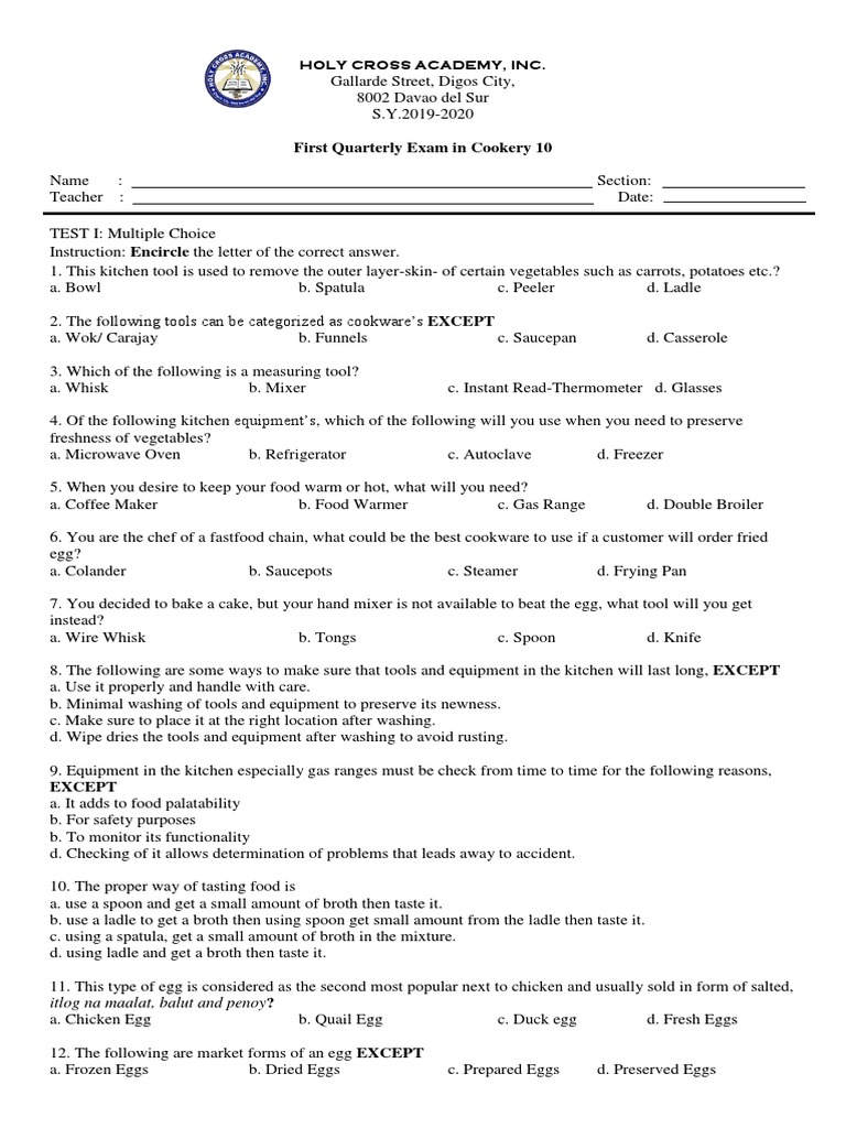 First Quarterly Exam in Cookery 10: Holy Cross Academy, Inc | PDF ...