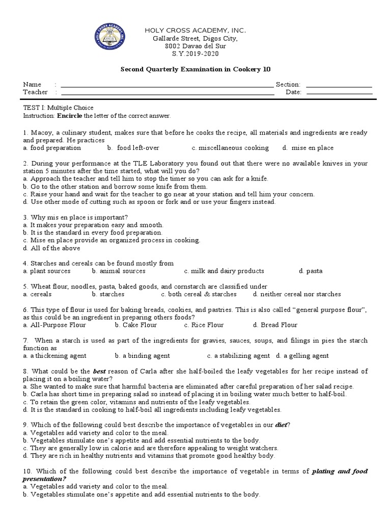 Second Quarterly Examination in Cookery 10: A Comprehensive Test of ...