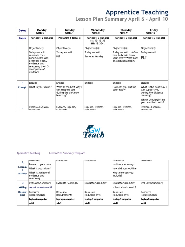 April 6 - April 10 At-Lesson-Plan-Summary-Template 1 | PDF | Learning ...