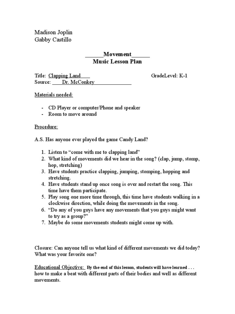 Madison Joplin Gabby Castillo: - Movement - Music Lesson Plan ...
