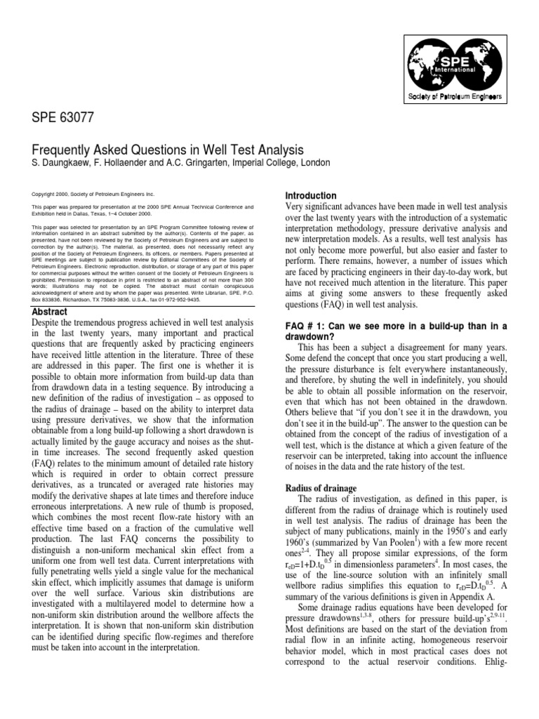 SPE 63077 Frequently Asked Questions in Well Test Analysis | PDF ...