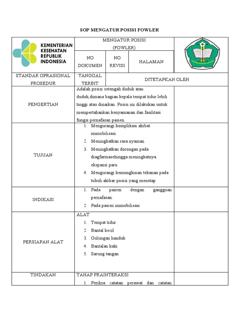 Sop Mengatur Posisi Fowler | PDF | Kesehatan Holistik