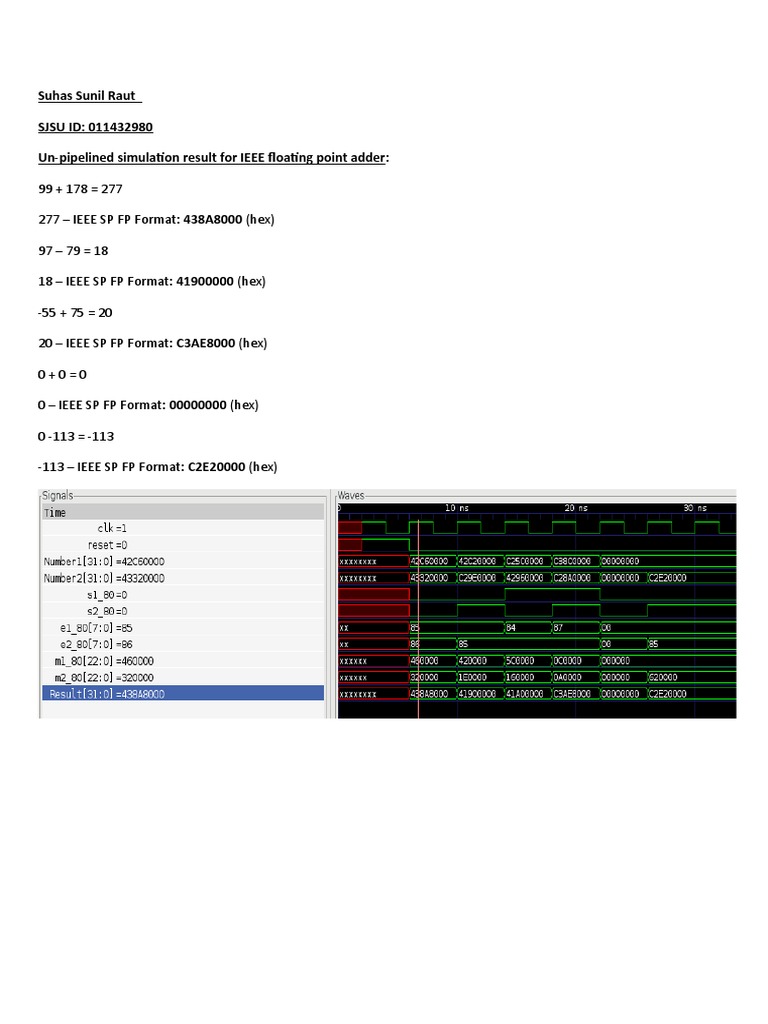 Suhas Sunil Raut SJSU ID: 011432980 Un-Pipelined Simulation Result For IEEE Floating Point Adder ...