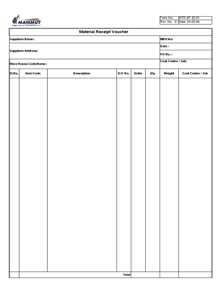 Material Receipt Voucher MTD - QF - 12 - 01 ERP Generated | PDF