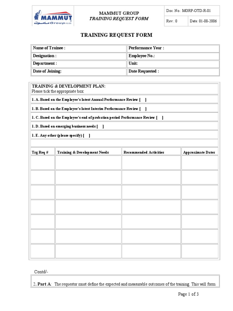 MGRP-OTD-R-01 Training Request Form | PDF | Business