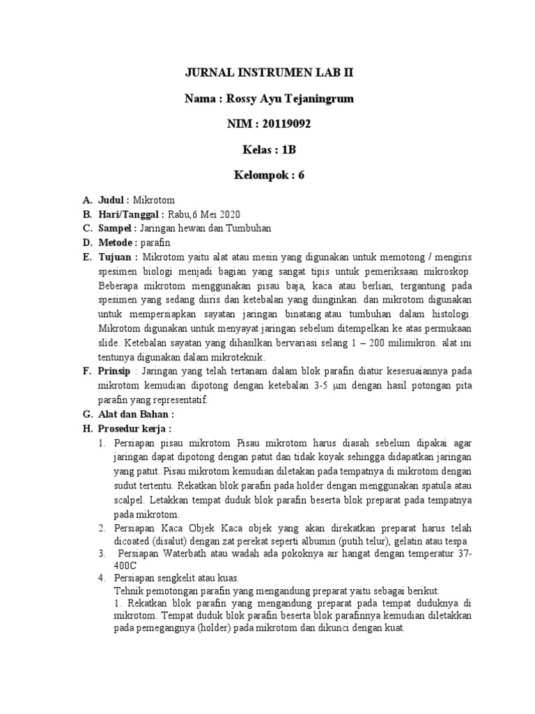 JURNAL INSTRUMEN LAB II Mikrotom Rossy Ayu Tejaningrum 20119092 TLM 1B | PDF