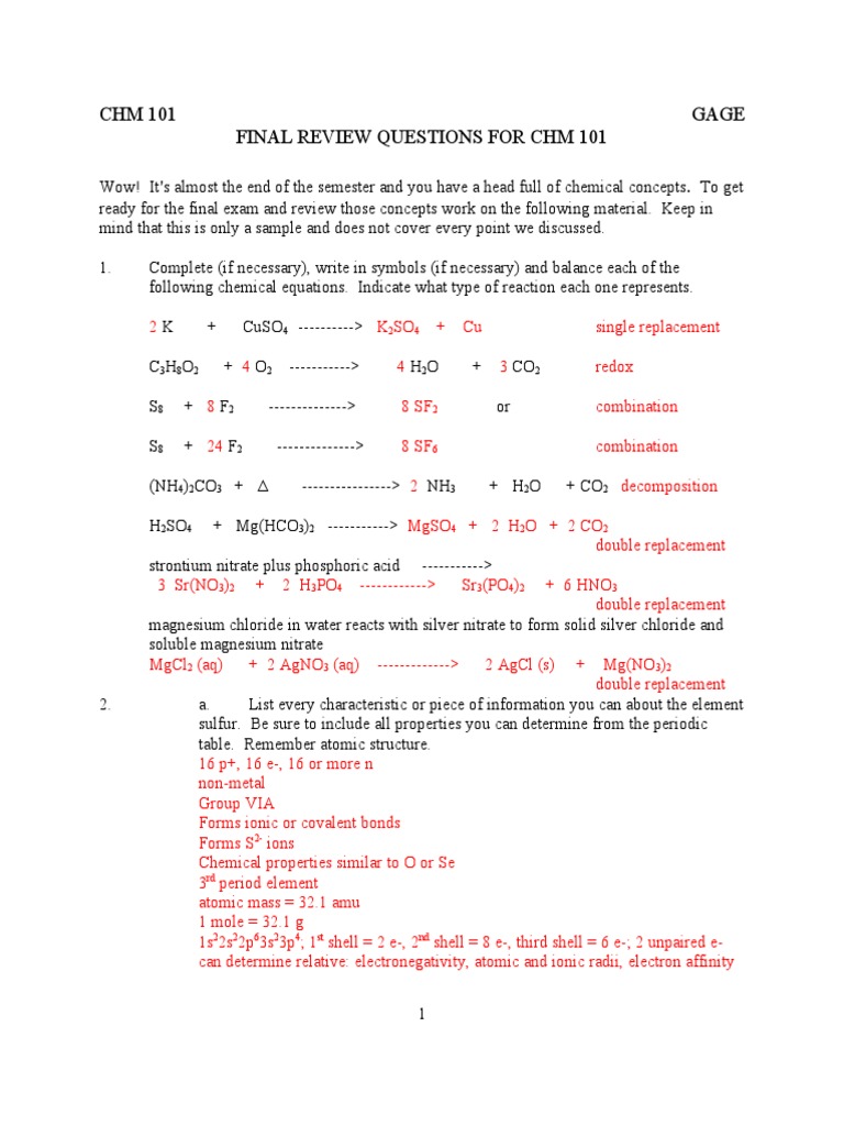 CHM 101 Gage Final Review Questions For CHM 101 | PDF | Chemical ... CHM 101 Gage Final Review Questions For CHM 101 | PDF | Chemical ...