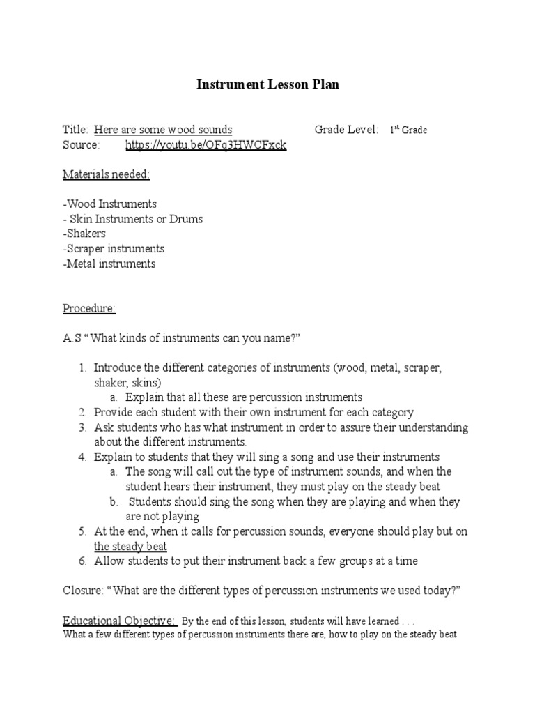 Instrument Lesson Plan: 1 Grade | PDF | Musical Instruments | Singing