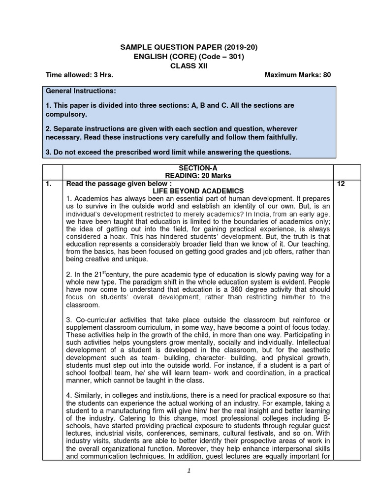 Sample Question Paper (2019-20) English (Core) (Code - 301) Class Xii | PDF