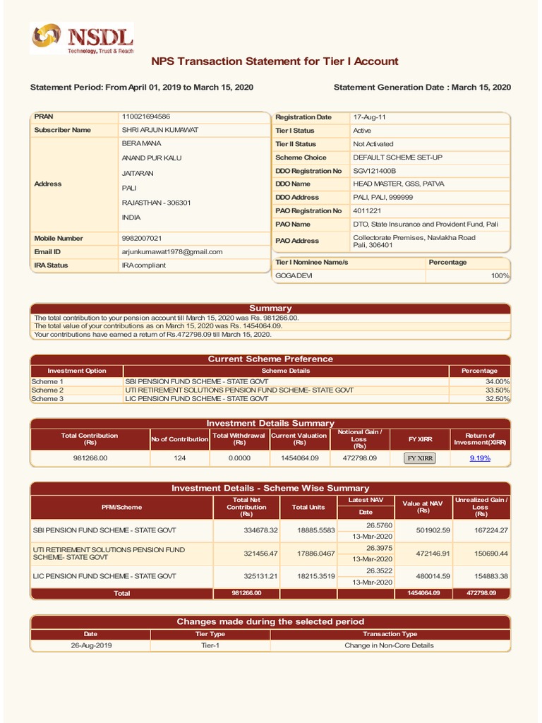 NPS Transaction Statement For Tier I Account | Download Free PDF | Tax ...