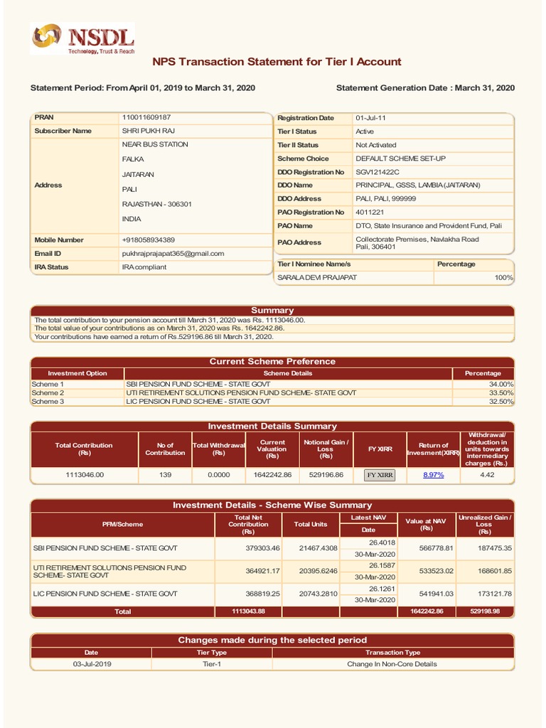 NPS Transaction Statement For Tier I Account | PDF | Tax Deduction ...