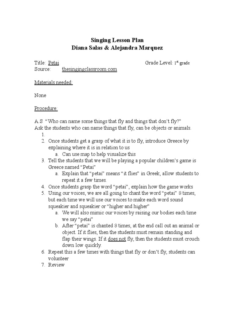 Singing Lesson Plan Diana Salas & Alejandra Marquez | PDF ...