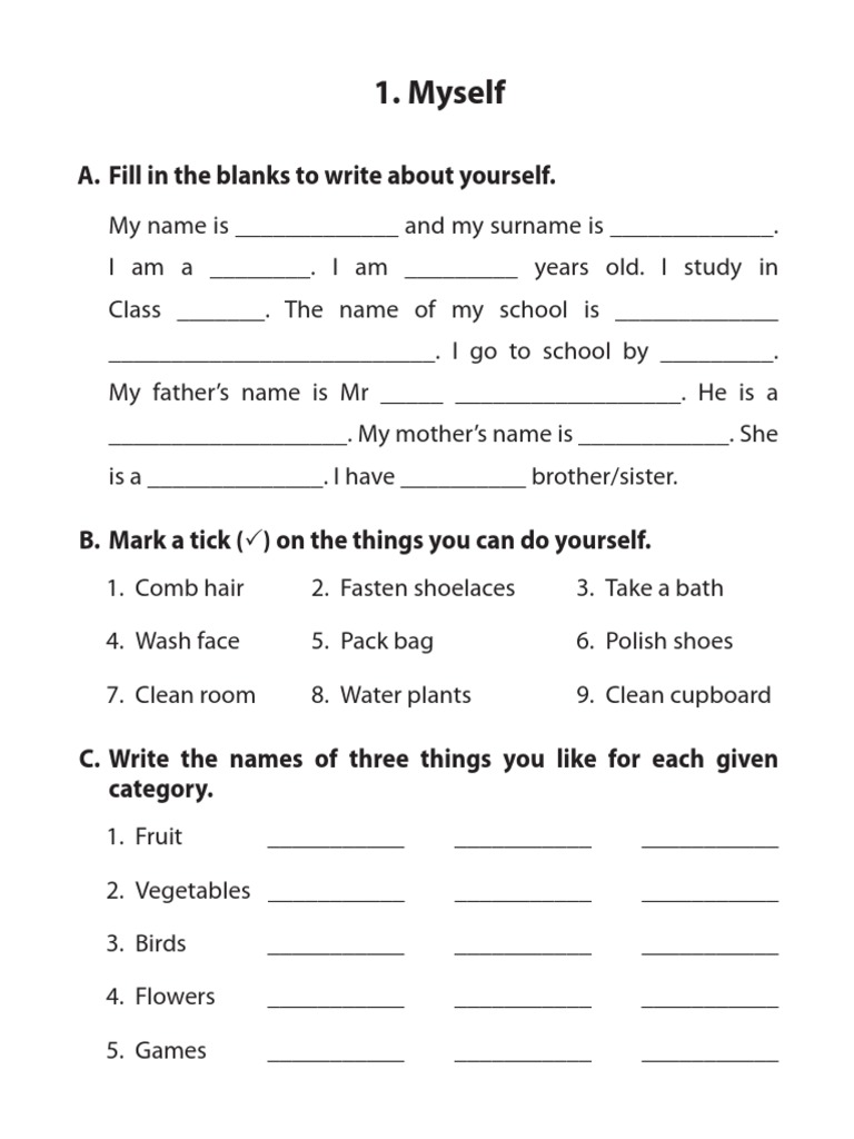Myself: A. Fill in The Blanks To Write About Yourself | PDF | Plants ...