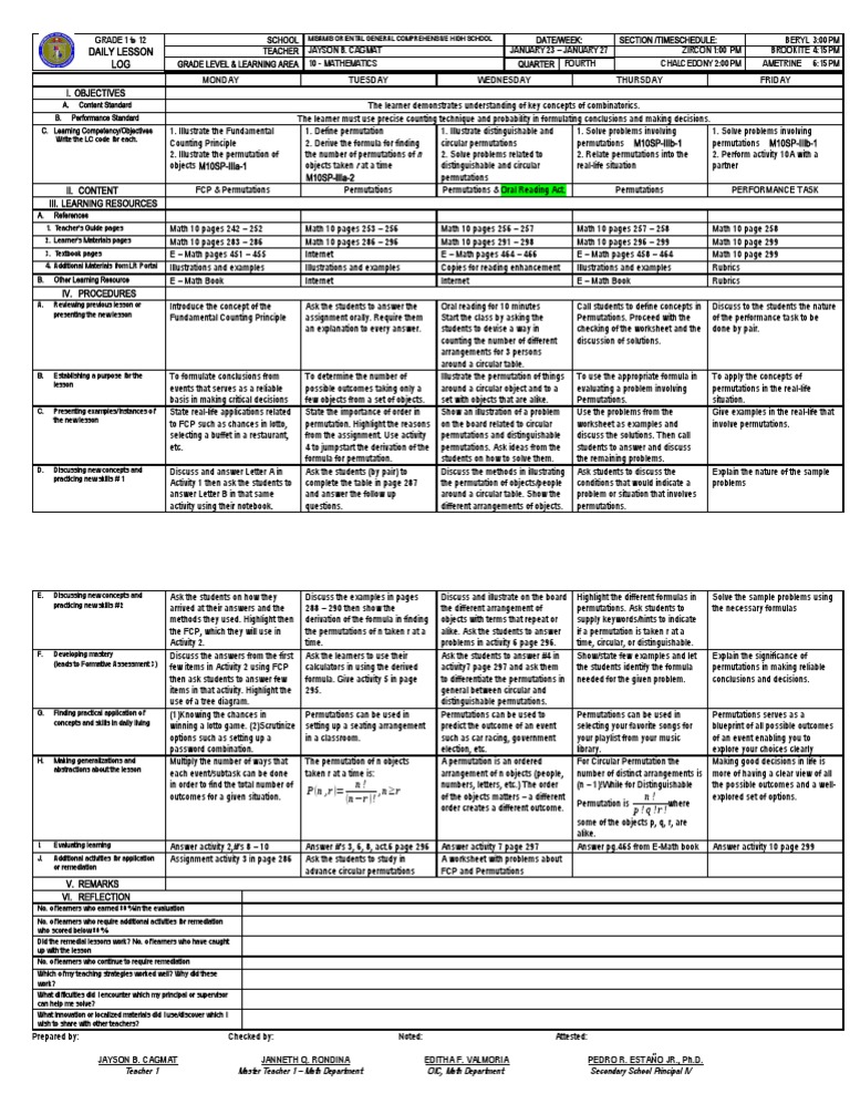 Daily Lesson LOG: Misamis Oriental General Comprehensive High School ...