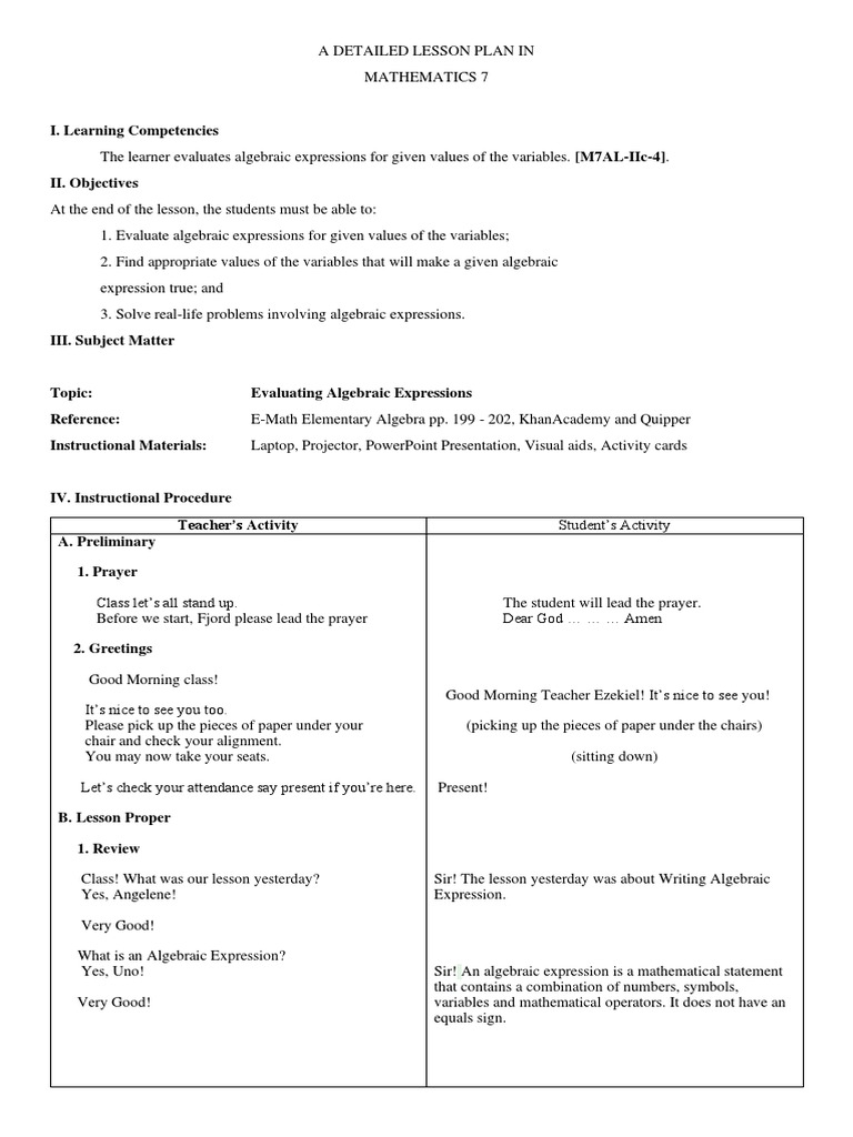 A DETAILED LESSON PLAN IN Algebraic Expression | PDF | Variable ...