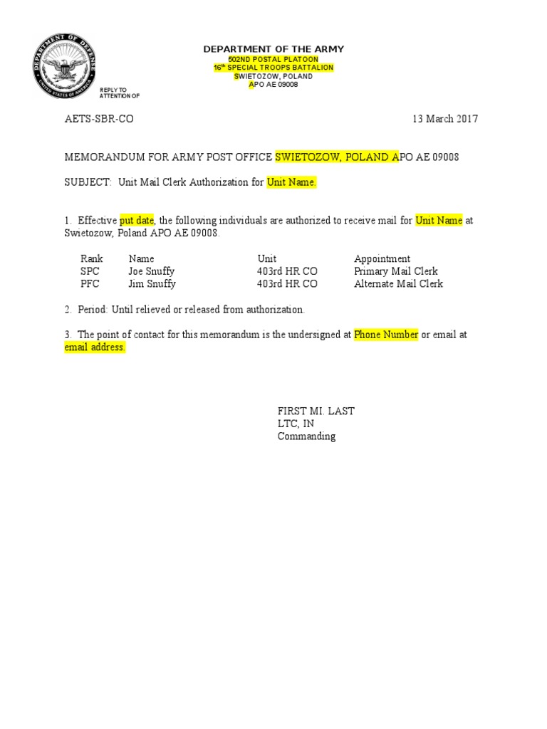 Unit Mail Clerk - Orderly Authorization FORMATED | PDF