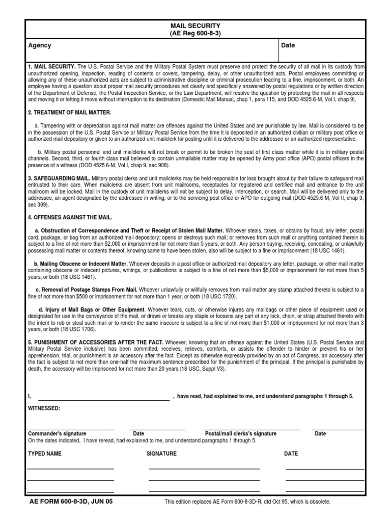 Mail Security Form 600-8-3D | PDF | United States Postal Service | Mail