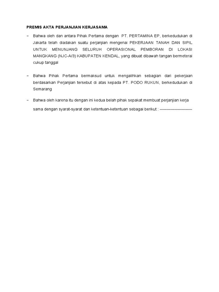 Premis Akta Perjanjian Kerjasama | PDF