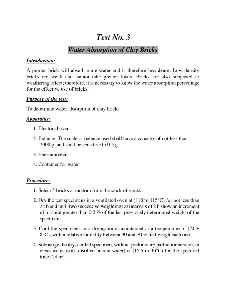 Water Absorption Test for Clay Bricks | PDF | Brick | Water