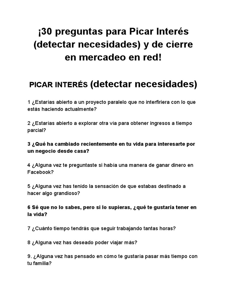 ¡30 Preguntas para Picar Interés (Detectar Necesidades) PDF | PDF ...