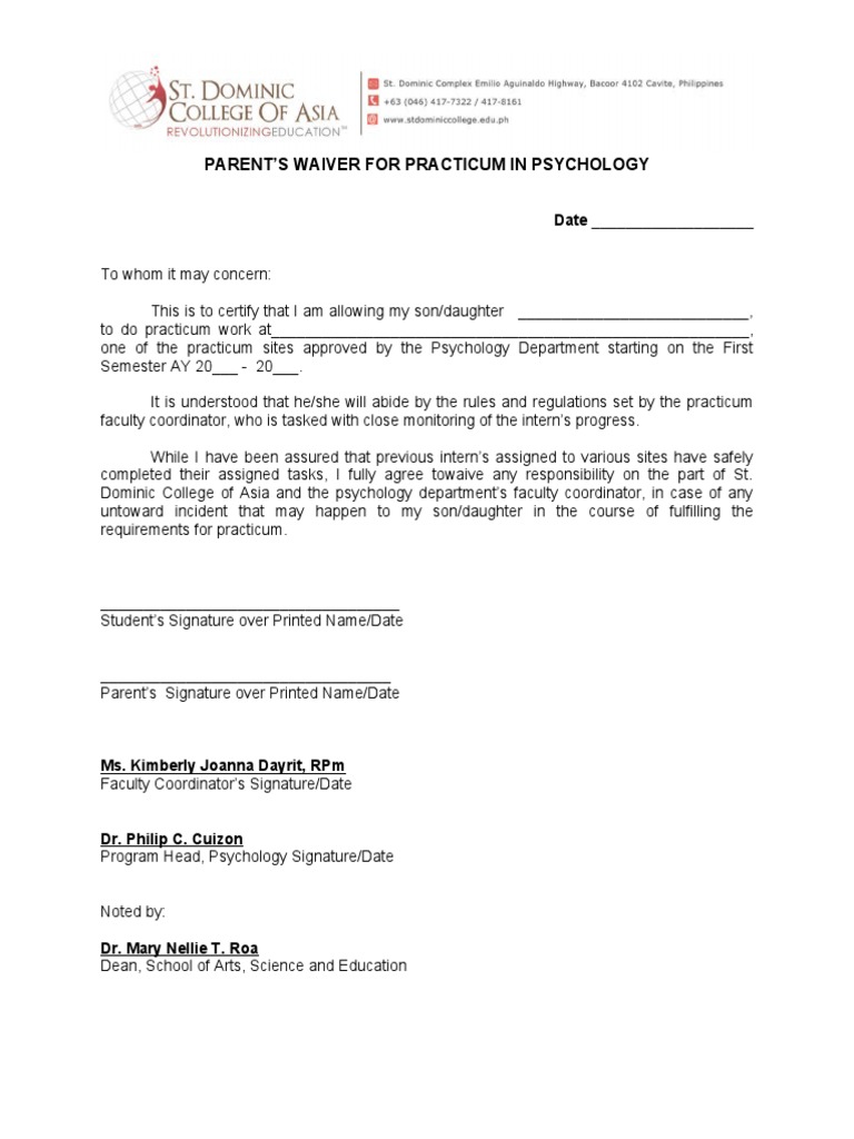 Parent'S Waiver For Practicum in Psychology: Date | PDF