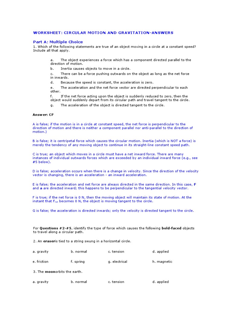 Worksheet Answers for Circular Motion and Gravitation | PDF ...