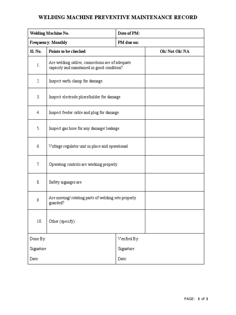 Welding Machine Preventive Maintenance Record | PDF