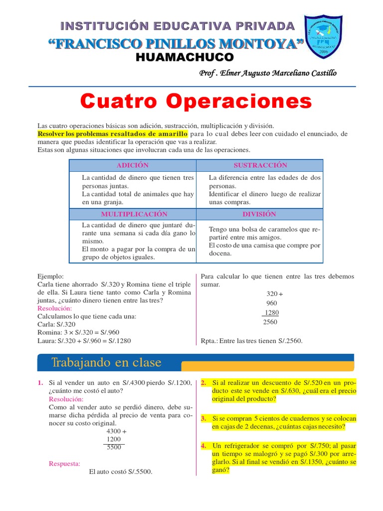 Problemas-Cuatro Operaciones-1°sec PDF | PDF | Violencia | Business
