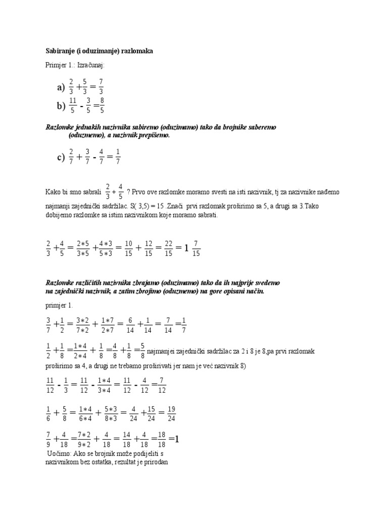 Sabiranje I Oduzimanje Razlomaka Jednakih Nazivnik2 | PDF
