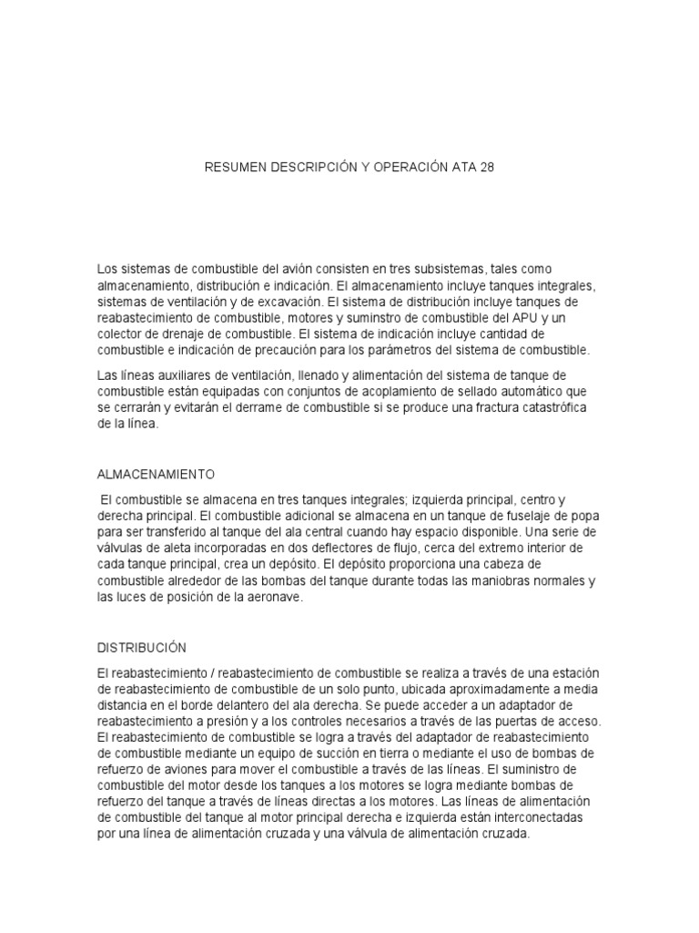 Resumen Descripción y Operación Ata 28 | PDF | Tanques | Bomba