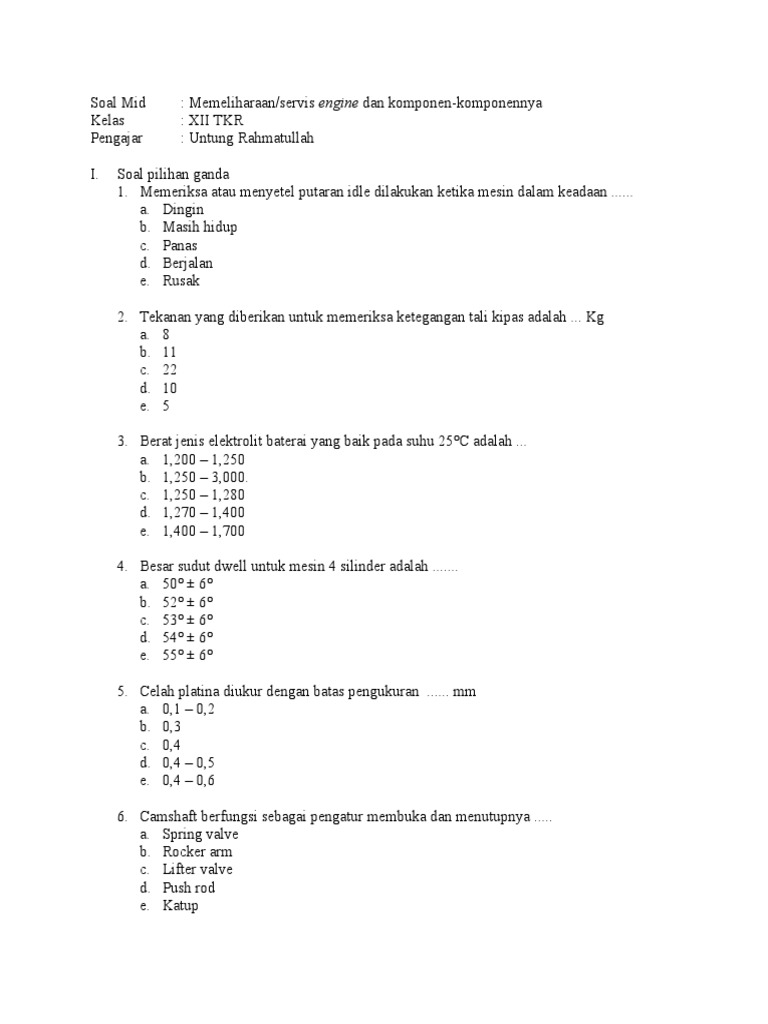 Soal Servis Engine 3 TKR | PDF