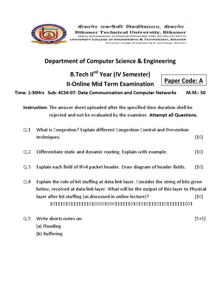 DCCN Paper II Mid Term IV Sem Code A | PDF
