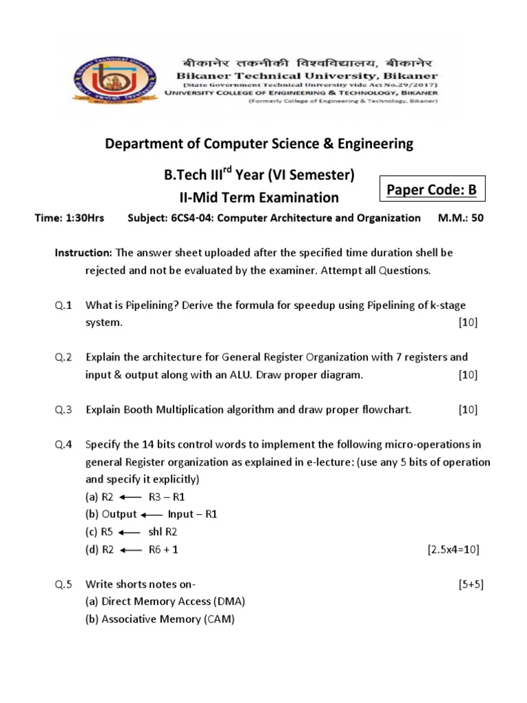 CA Paper II Mid Term VI Sem Code B | PDF | Input/Output | Digital ...