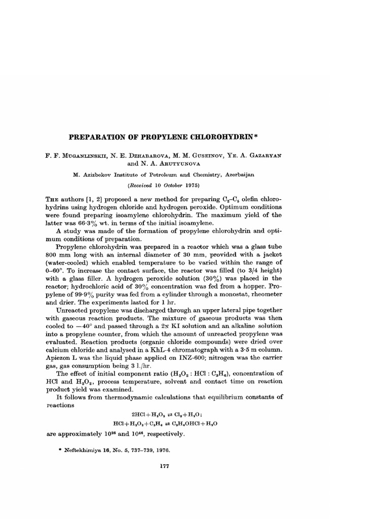 Preparation of Propylene Chlorohydrin : Guseinov | PDF | Social Science