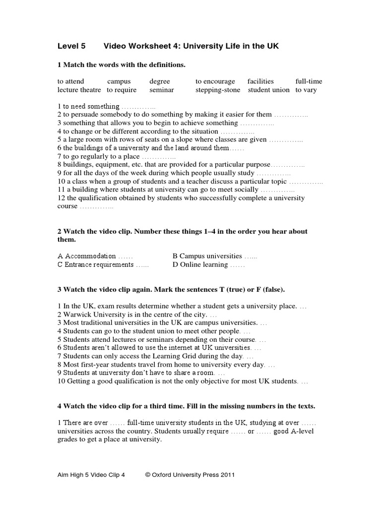 University Life in UK Video Worksheet | PDF | Students | University