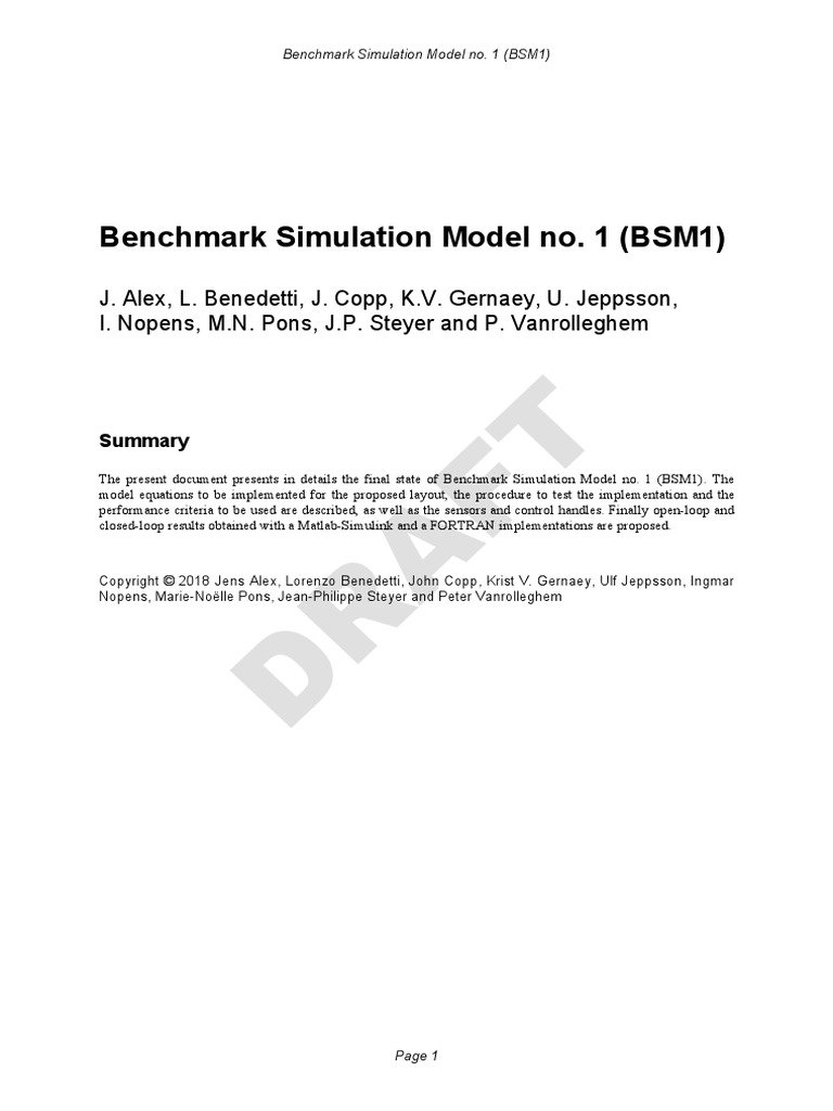 BSM TG Tech Report No 1 BSM1 General Description PDF | PDF | Simulation | Control Theory