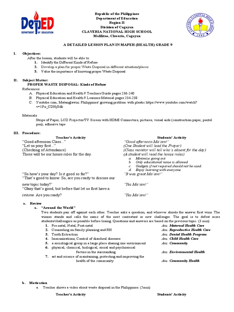 Waste Disposal Lesson Plan for Grade 9 | PDF | Physical Education ...