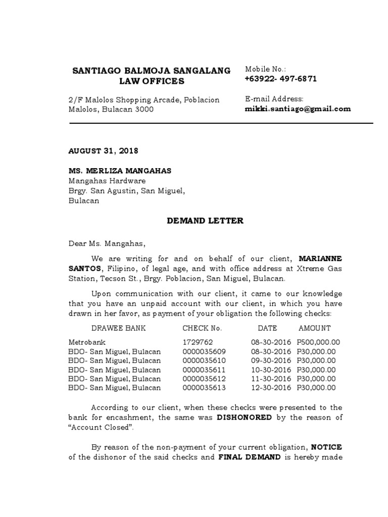 Demand Letter for Unpaid Obligation | PDF | Virtue | Common Law